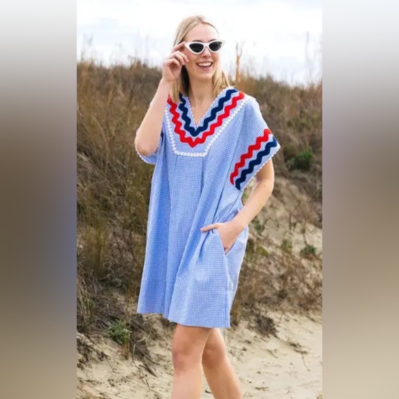 august morgan | Dresses | August Morgan Blue Gingham Dress With Red And ...